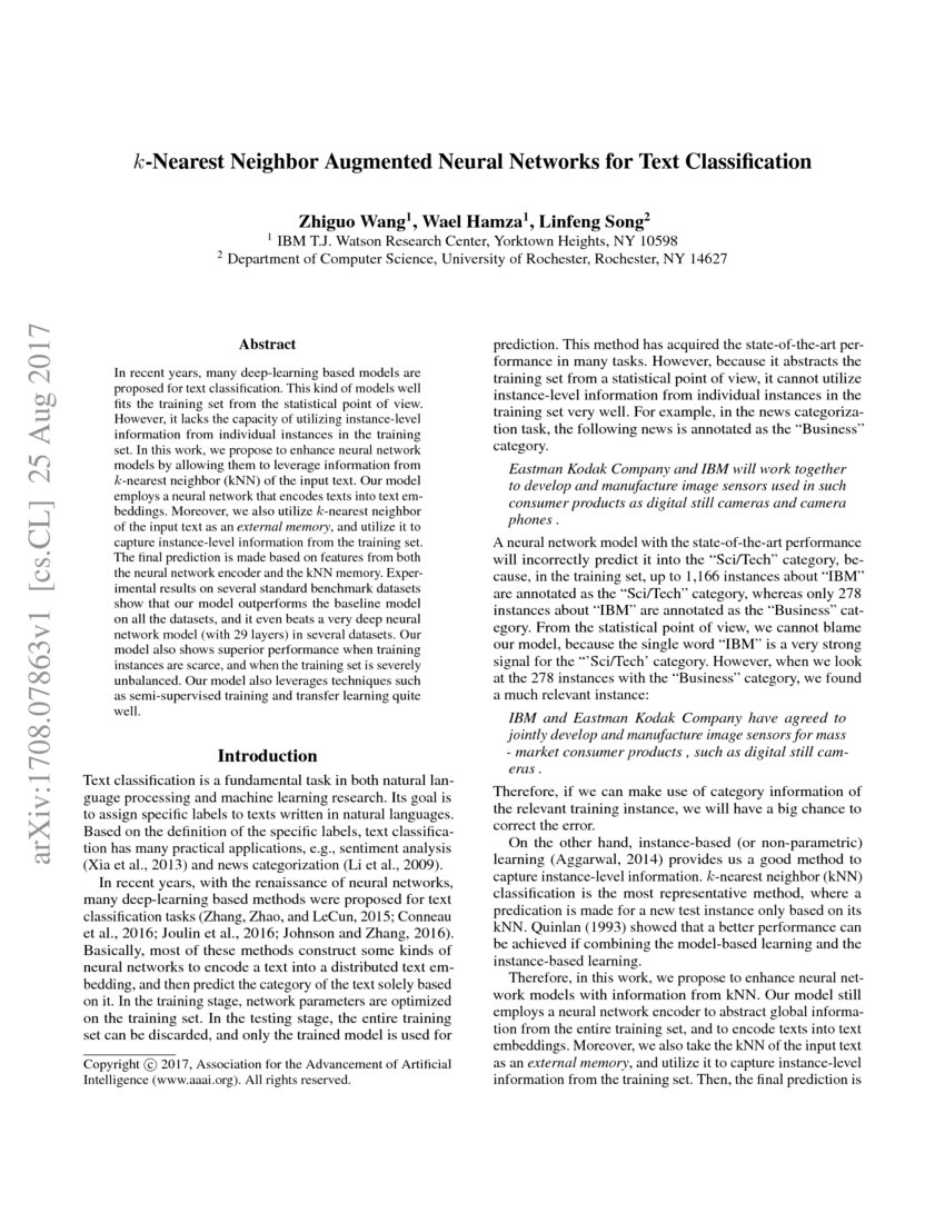 k-Nearest Neighbor Augmented Neural Networks for Text Classification | DeepAI