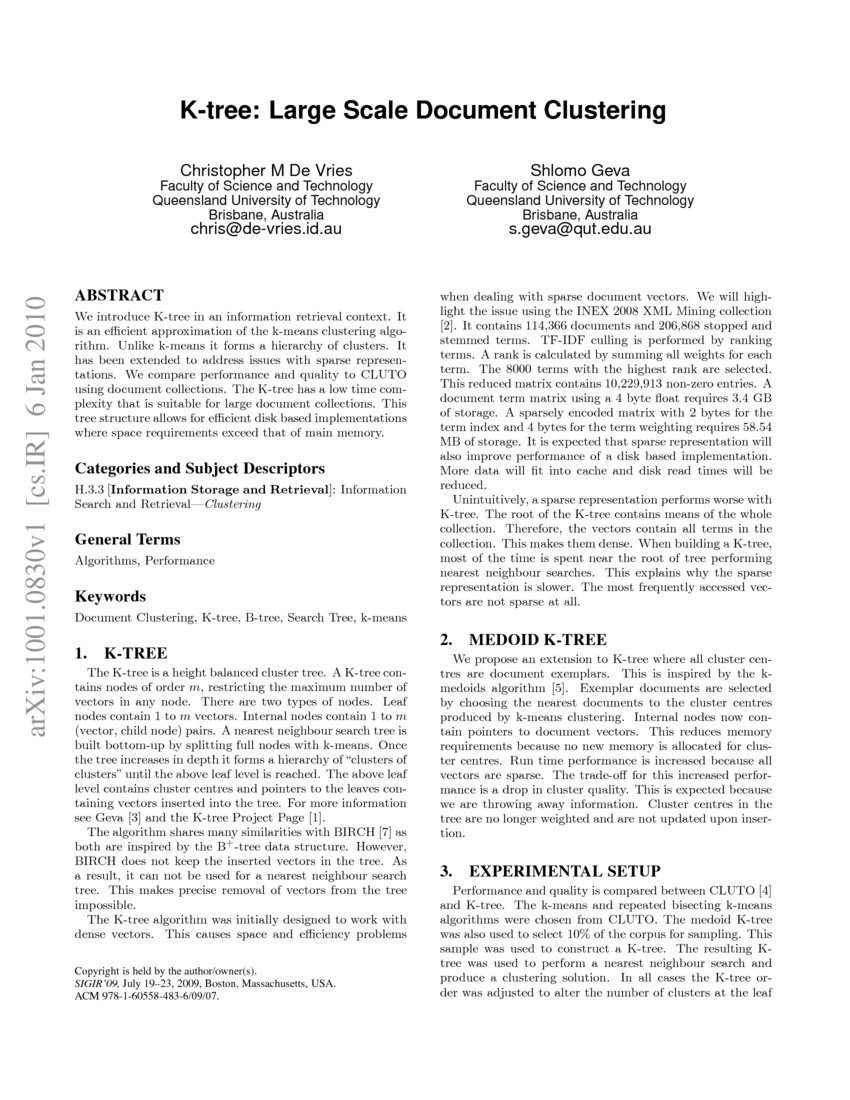 K-tree: Large Scale Document Clustering | DeepAI