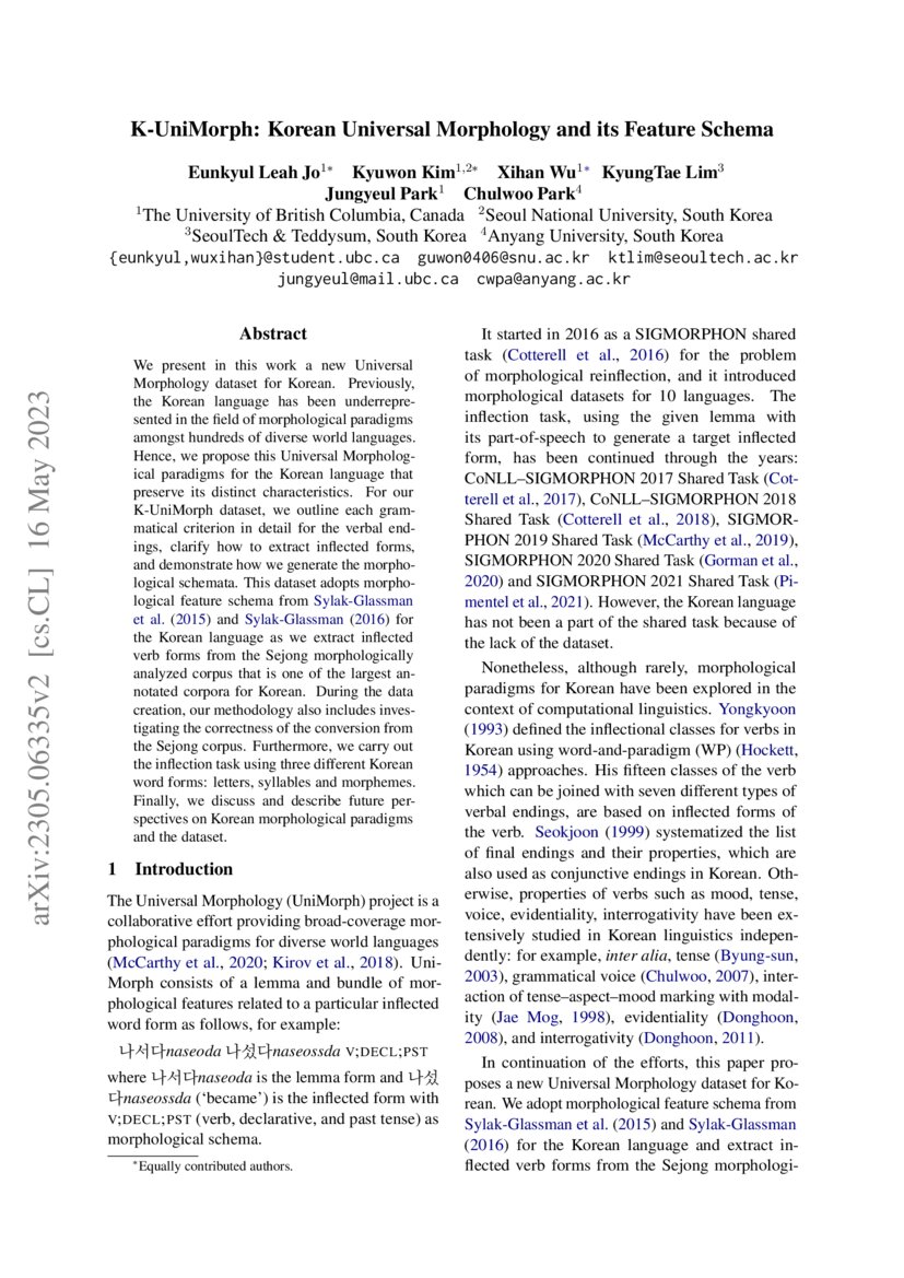 K-UniMorph: Korean Universal Morphology and its Feature Schema | DeepAI