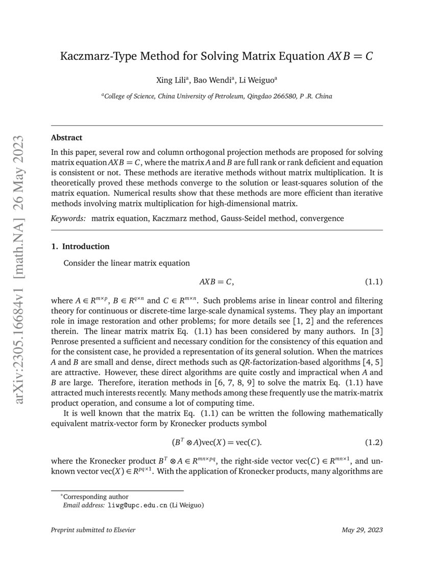 Kaczmarz-Type Method for Solving Matrix Equation AXB=C | DeepAI