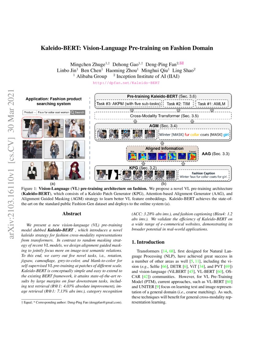 Kaleido-BERT: Vision-Language Pre-training on Fashion Domain | DeepAI