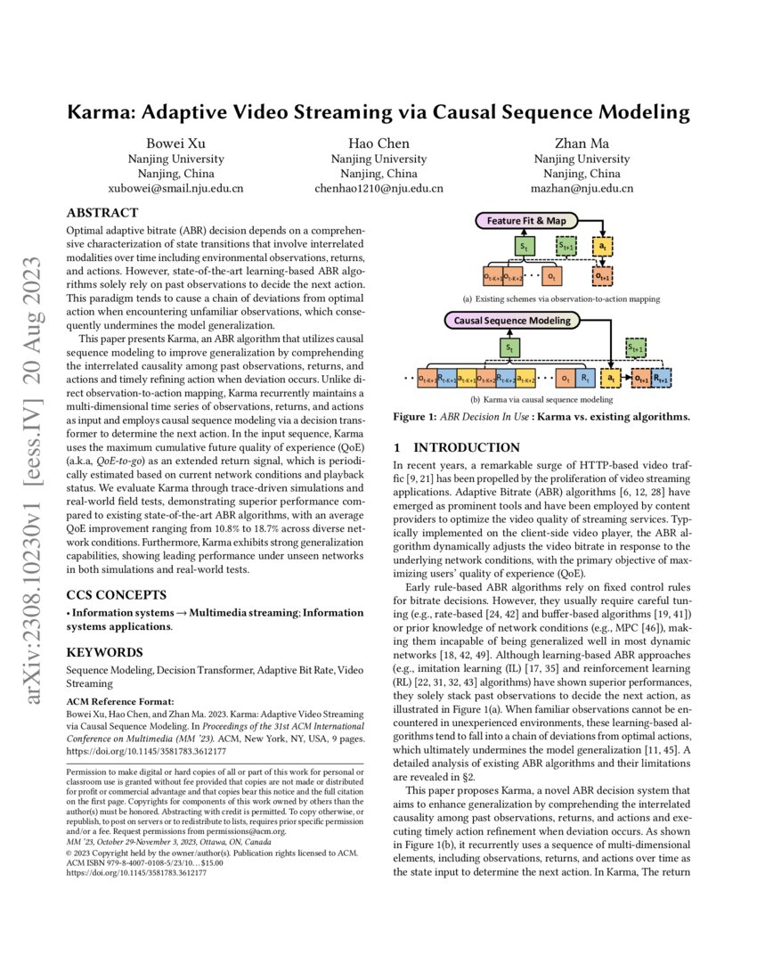 Karma Adaptive Video Streaming Via Causal Sequence Modeling Deepai