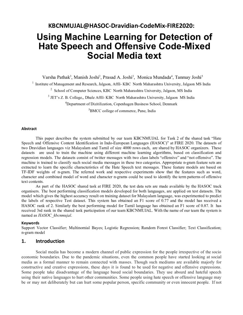Kbcnmujal Hasoc Dravidian Codemix Fire2020 Using Machine Learning For Detection Of Hate Speech