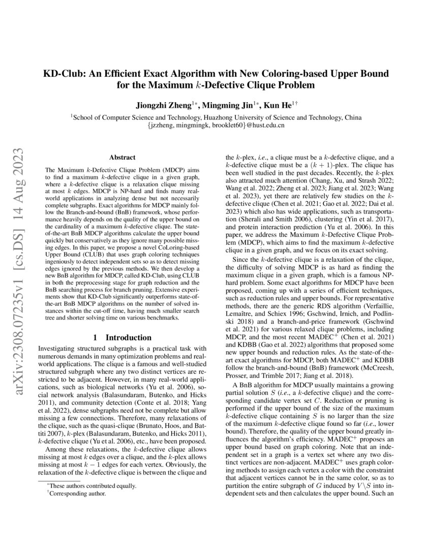 Kd Club An Efficient Exact Algorithm With New Coloring Based Upper Bound For The Maximum K