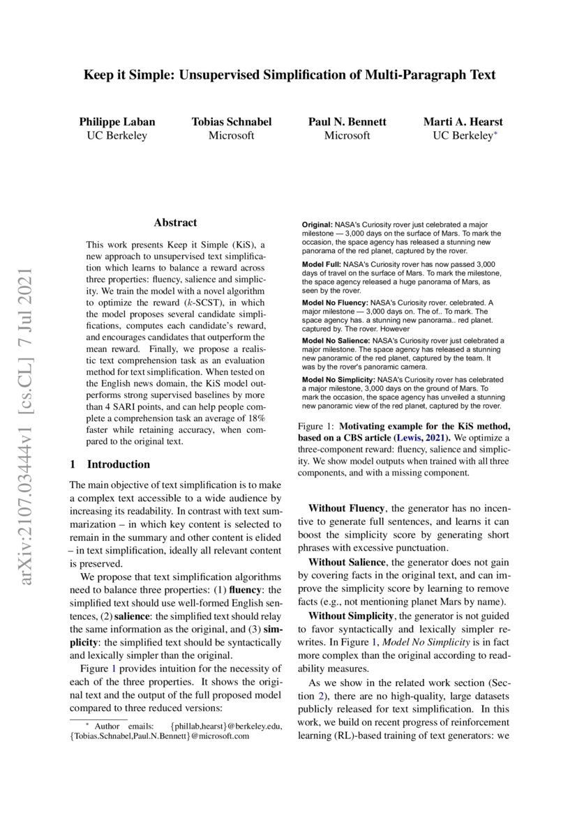 Keep it Simple: Unsupervised Simplification of Multi-Paragraph Text | DeepAI