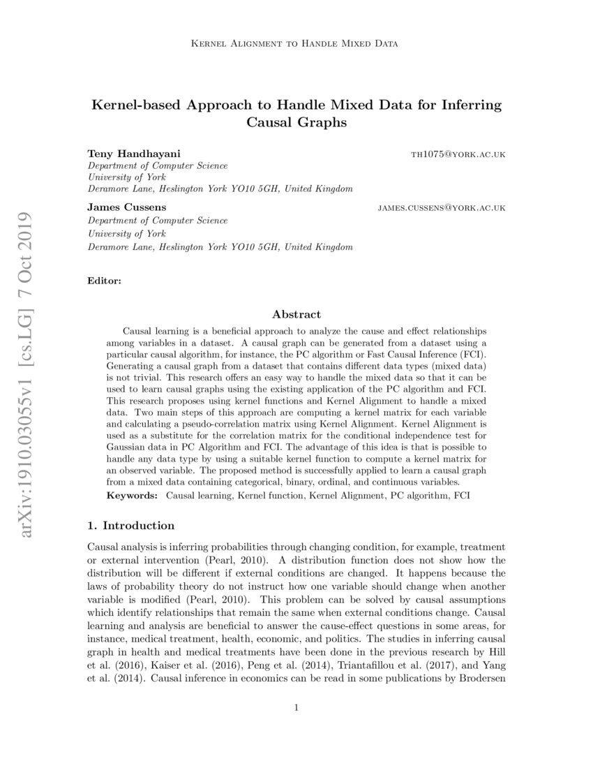 Kernel Based Approach To Handle Mixed Data For Inferring Causal Graphs Deepai 