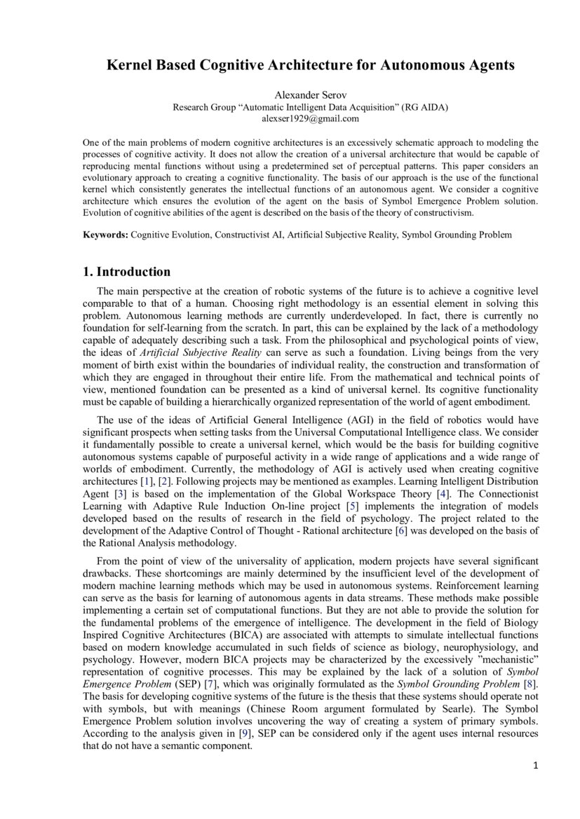 Kernel Based Cognitive Architecture for Autonomous Agents | DeepAI