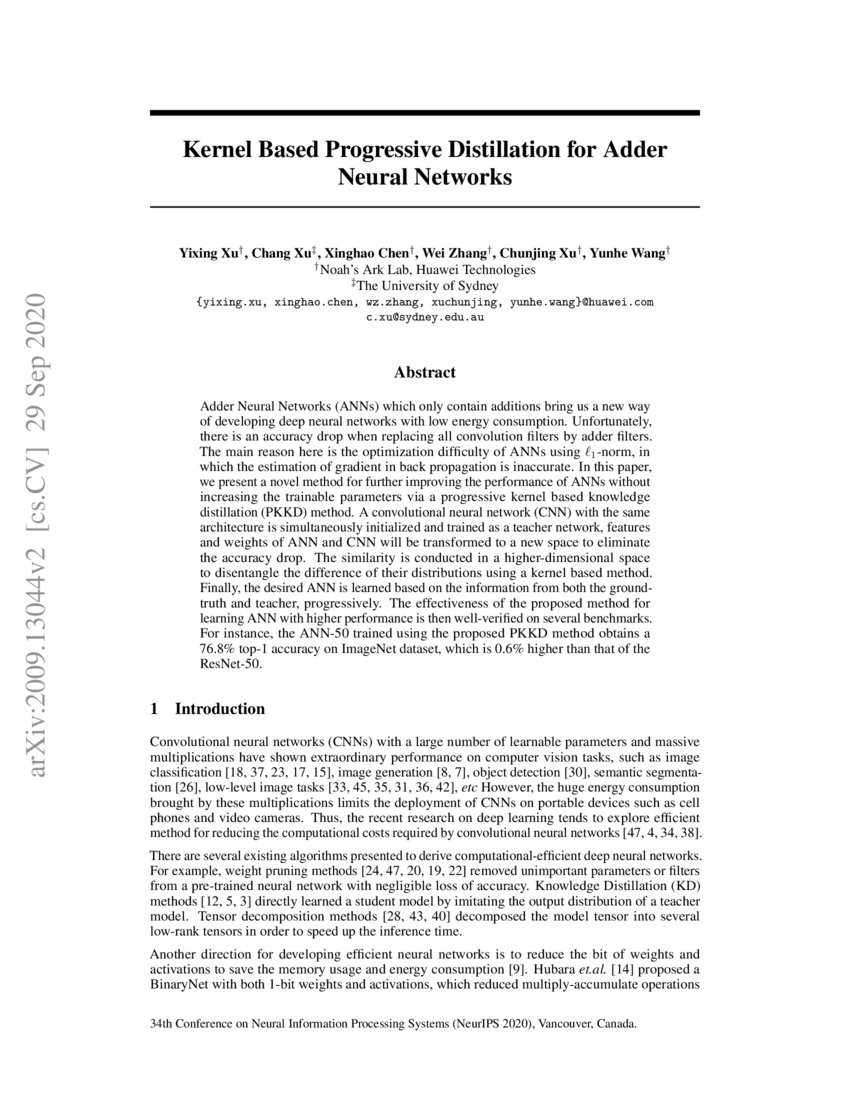 Kernel Based Progressive Distillation for Adder Neural Networks | DeepAI