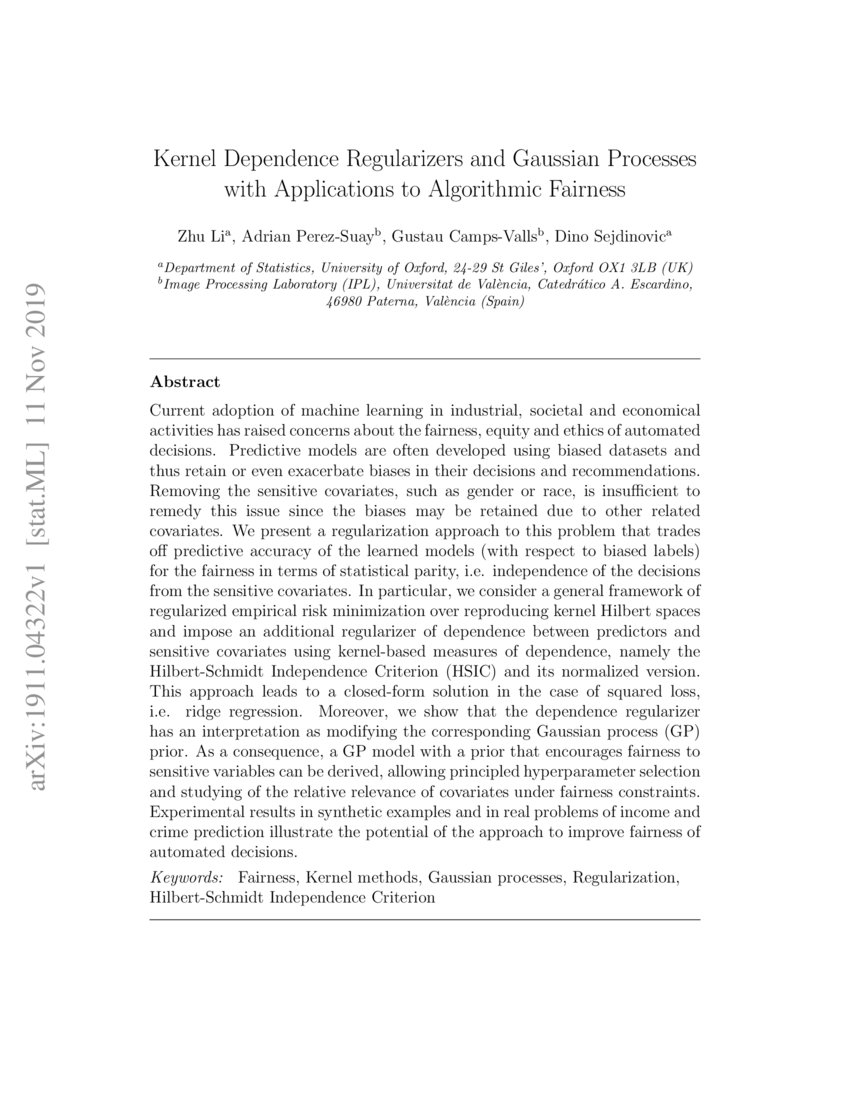 Kernel Dependence Regularizers and Gaussian Processes with Applications to Algorithmic Fairness ...
