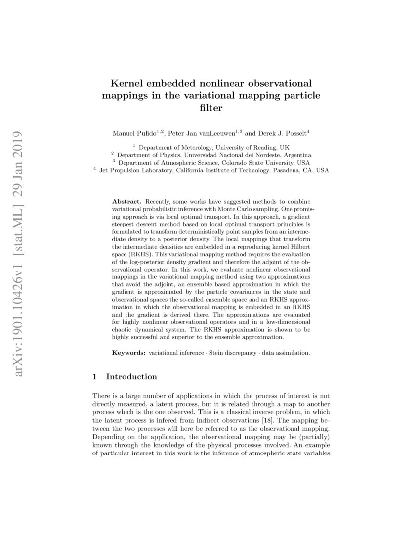 Kernel Embedded Nonlinear Observational Mappings In The Variational Mapping Particle Filter Deepai