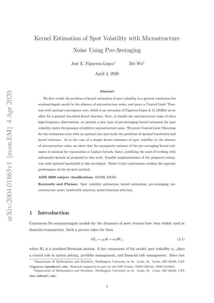 Kernel Estimation Of Spot Volatility With Microstructure Noise Using Pre Averaging Deepai