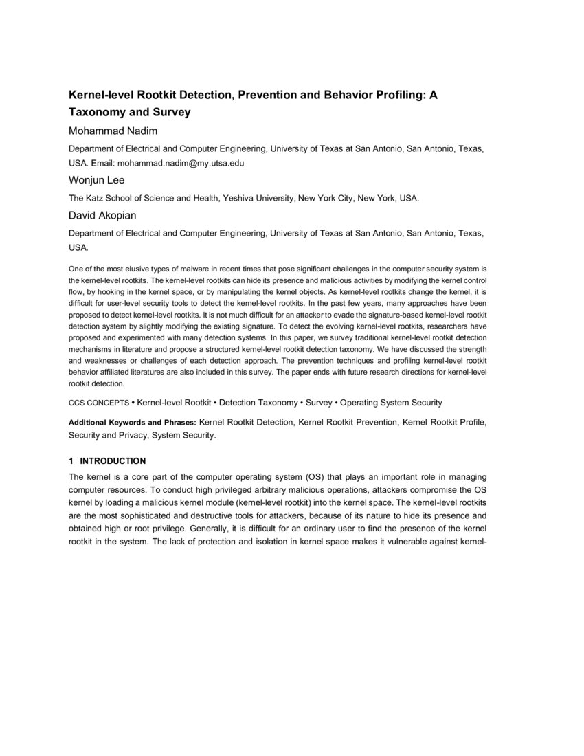 Kernel Level Rootkit Detection Prevention And Behavior Profiling A Taxonomy And Survey Deepai