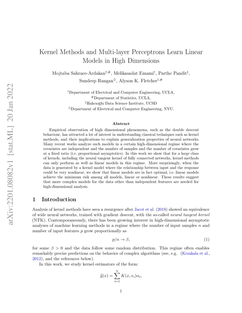 Kernel Methods And Multi Layer Perceptrons Learn Linear Models In High