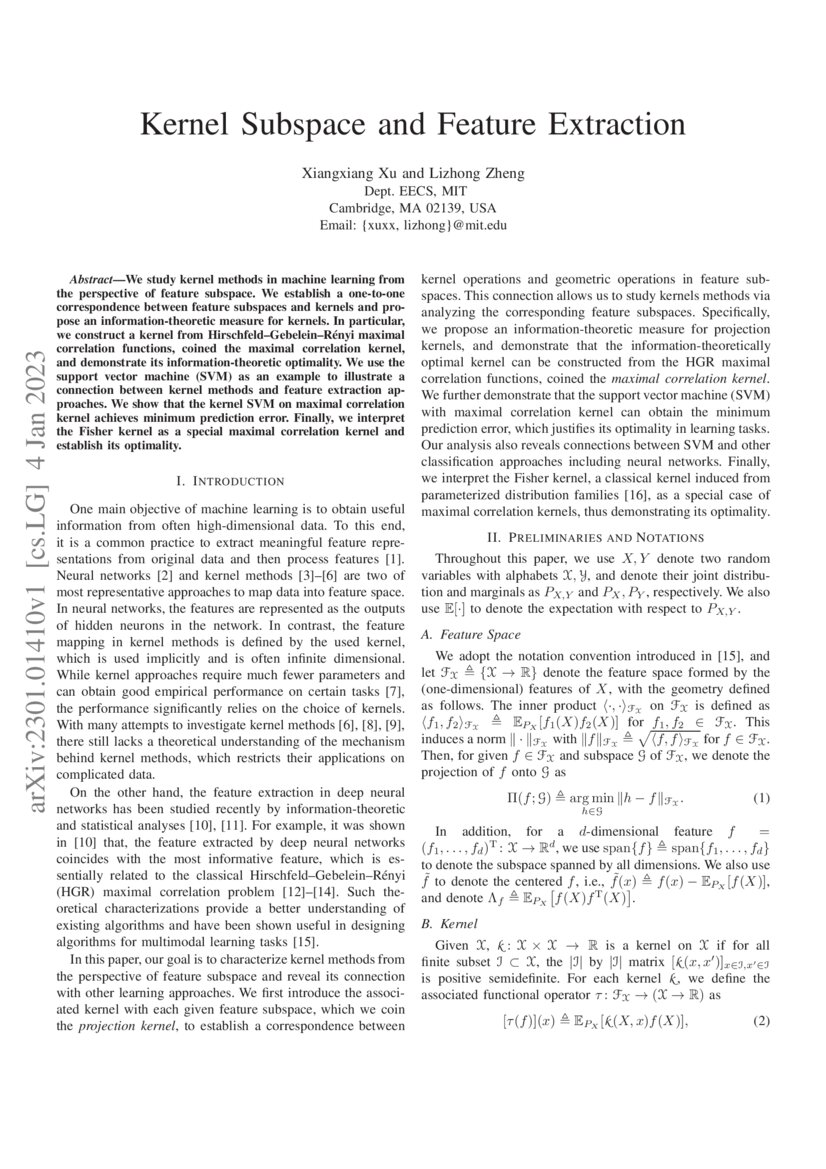 Kernel Subspace and Feature Extraction | DeepAI