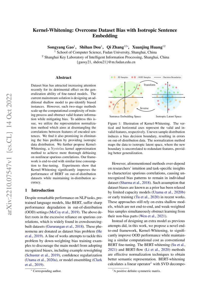 Kernel-Whitening: Overcome Dataset Bias with Isotropic Sentence Embedding | DeepAI