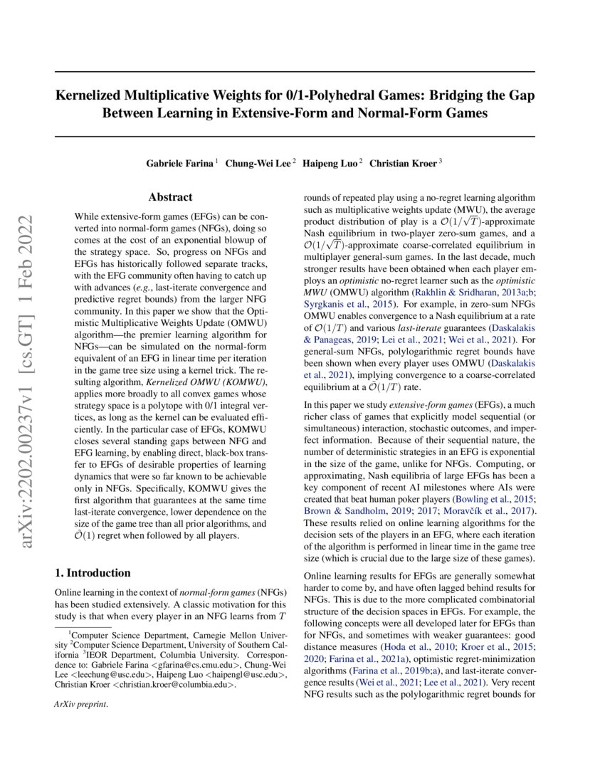 Kernelized Multiplicative Weights for 0/1-Polyhedral Games: Bridging the Gap Between Learning in ...