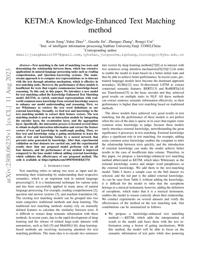 KETM:A Knowledge-Enhanced Text Matching method | DeepAI