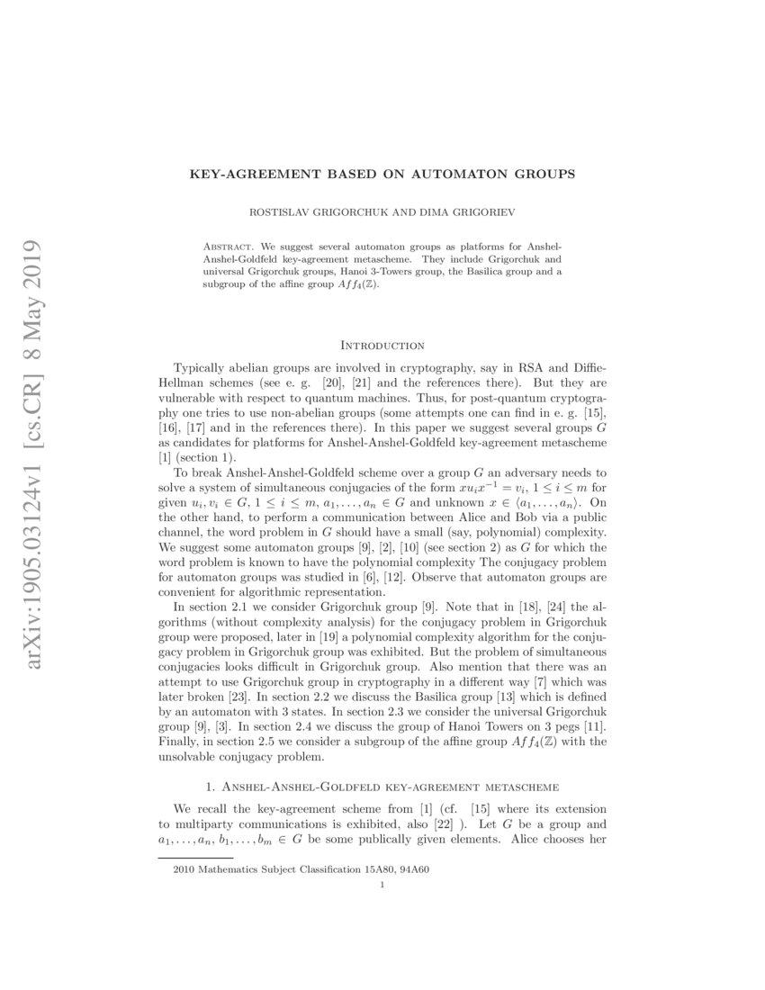 Key-agreement based on automaton groups | DeepAI