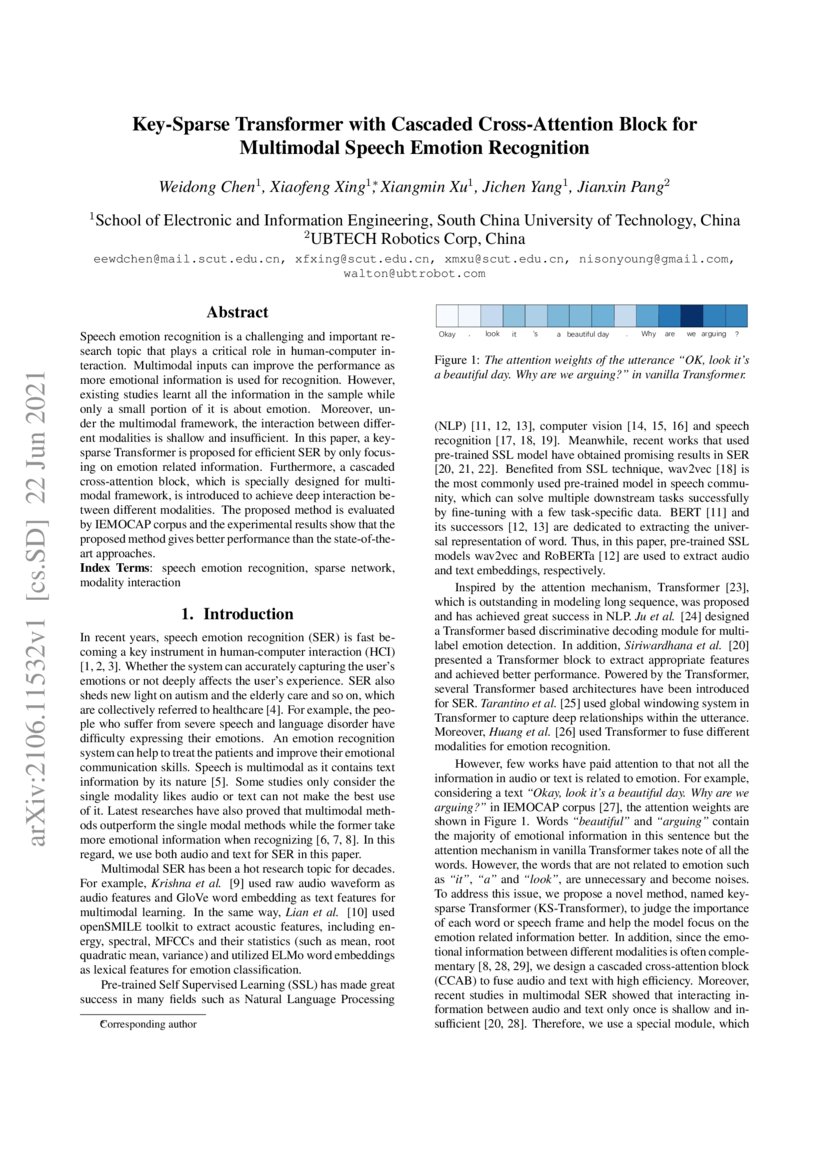 Key Sparse Transformer With Cascaded Cross Attention Block For Multimodal Speech Emotion