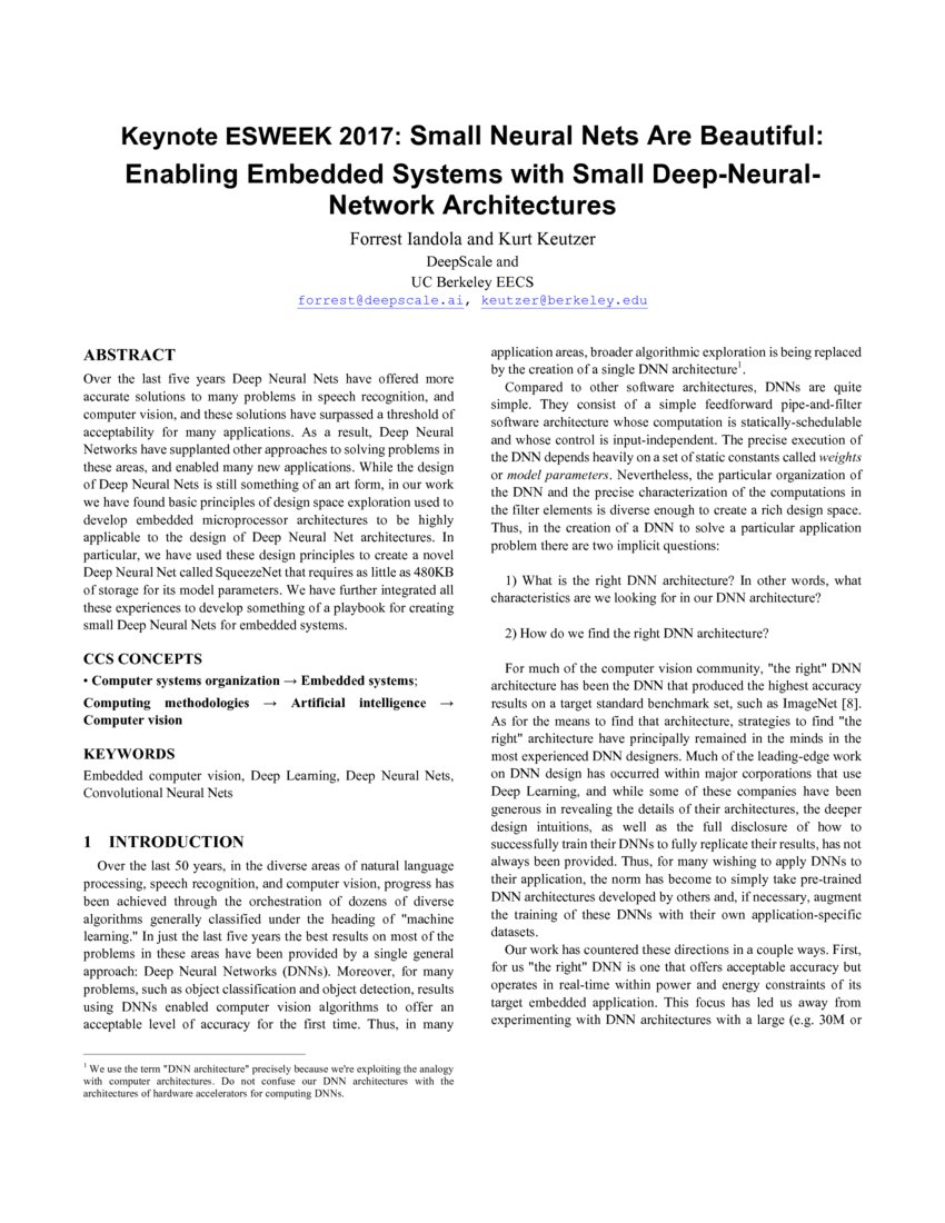Keynote Small Neural Nets Are Beautiful Enabling Embedded Systems With Small Deep Neural