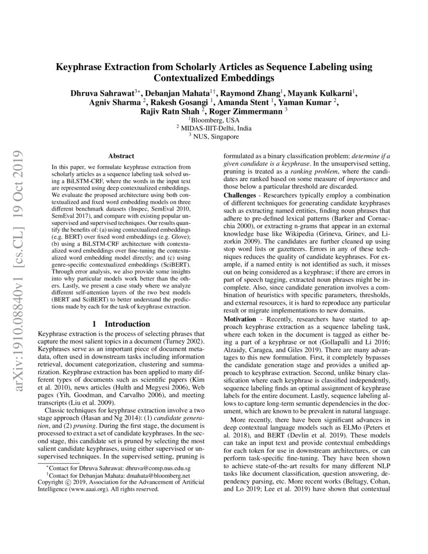 Keyphrase Extraction From Scholarly Articles As Sequence Labeling Using Contextualized