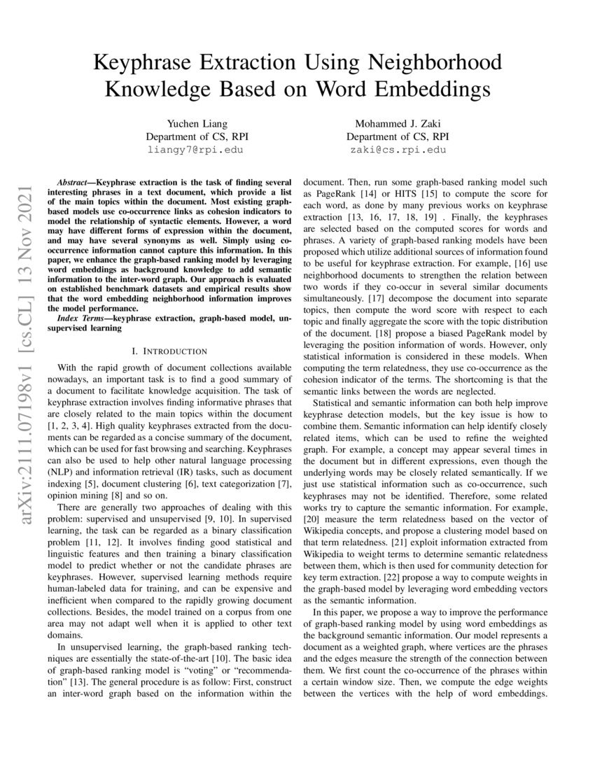 Keyphrase Extraction Using Neighborhood Knowledge Based On Word Embeddings Deepai