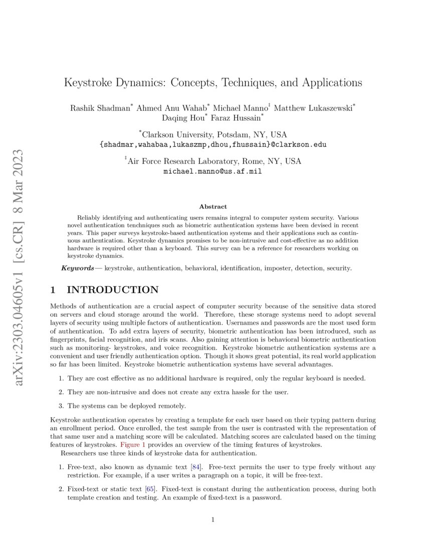 Keystroke Dynamics: Concepts, Techniques, and Applications | DeepAI