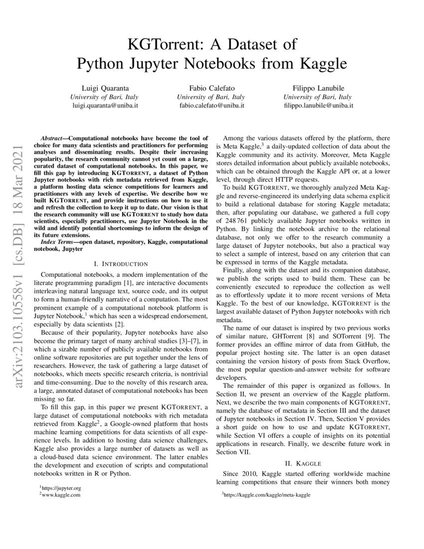 KGTorrent: A Dataset of Python Jupyter Notebooks from Kaggle | DeepAI