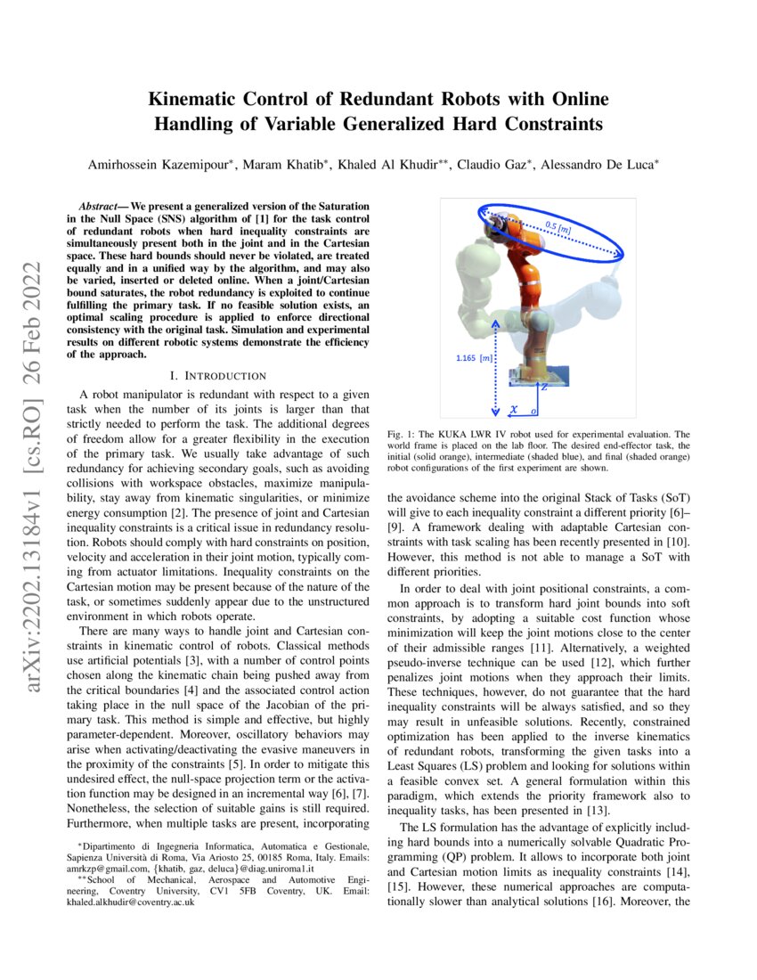 Kinematic Control Of Redundant Robots With Online Handling Of Variable Generalized Hard