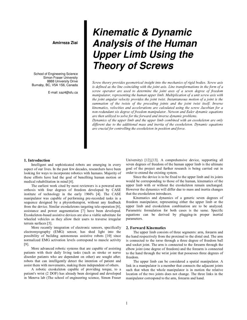 Kinematic & Dynamic Analysis of the Human Upper Limb Using the Theory ...