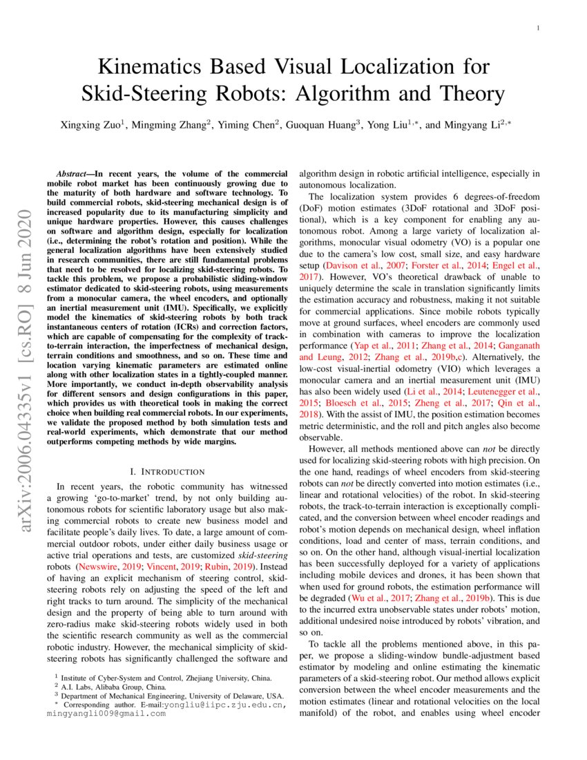 Kinematics Based Visual Localization for Skid-Steering Robots: Algorithm and Theory | DeepAI