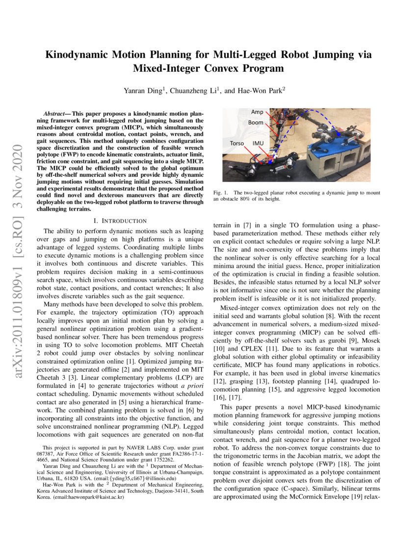Kinodynamic Motion Planning for Multi-Legged Robot Jumping via Mixed-Integer Convex Program | DeepAI