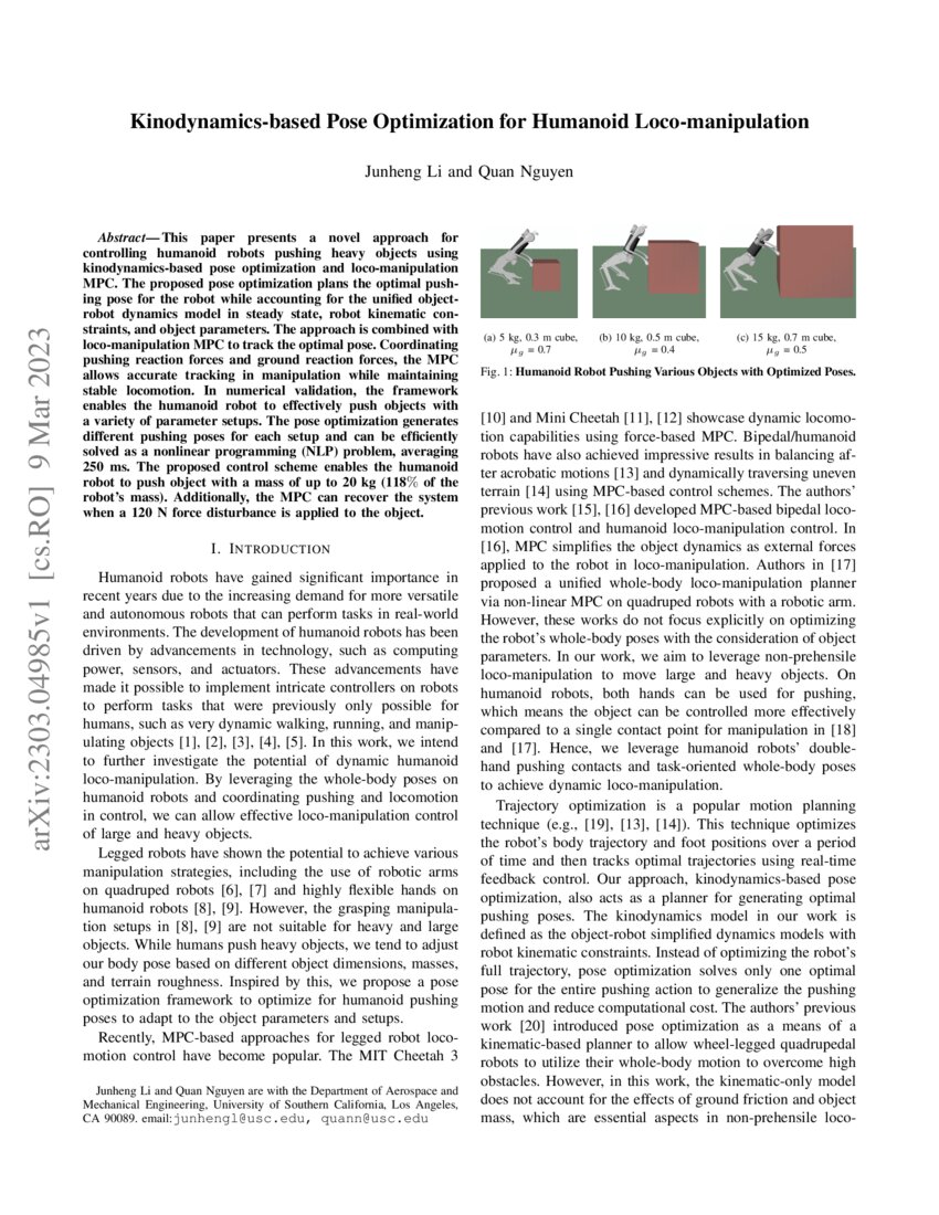 Kinodynamics Based Pose Optimization For Humanoid Loco Manipulation Deepai