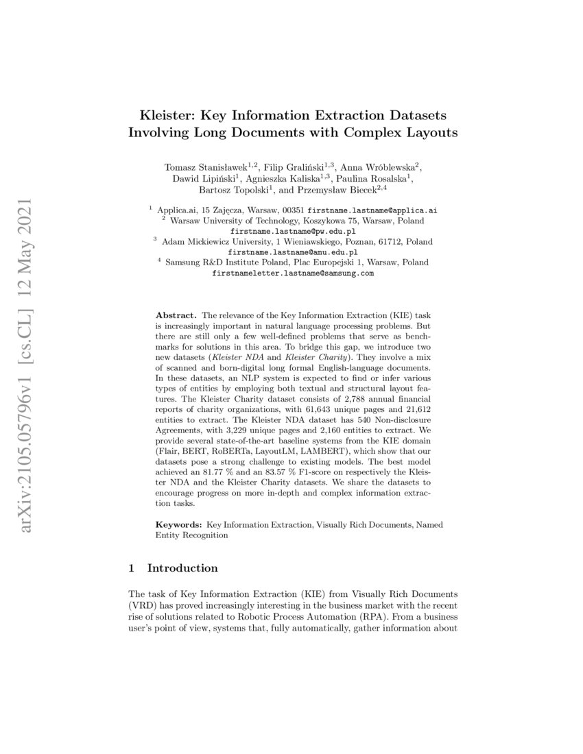 Kleister: Key Information Extraction Datasets Involving Long Documents with Complex Layouts | DeepAI