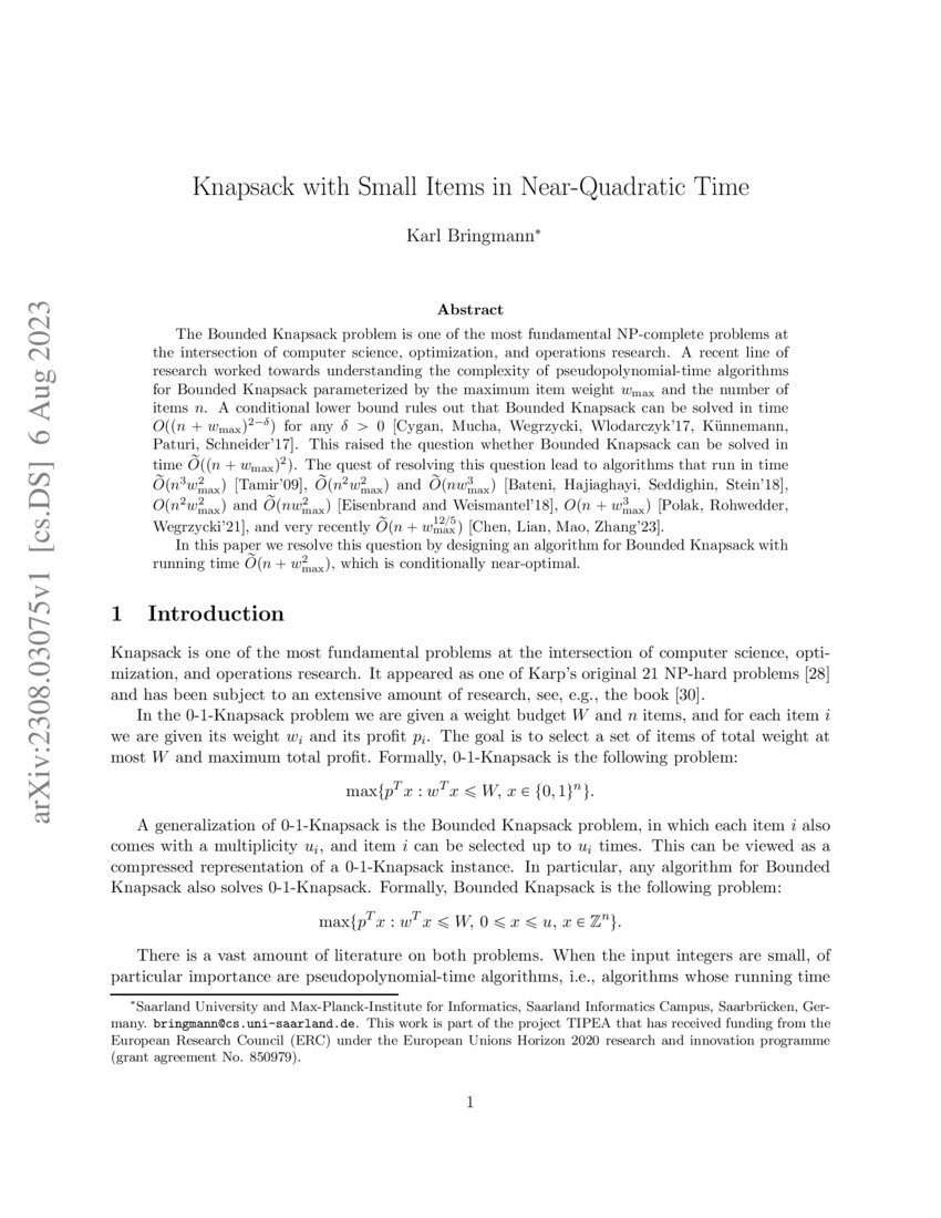 Knapsack with Small Items in Near-Quadratic Time | DeepAI
