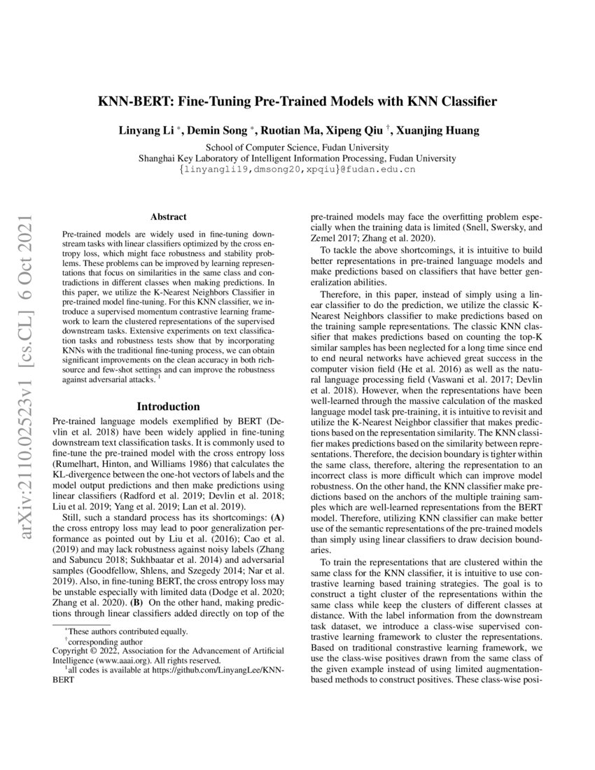 KNN-BERT: Fine-Tuning Pre-Trained Models with KNN Classifier | DeepAI
