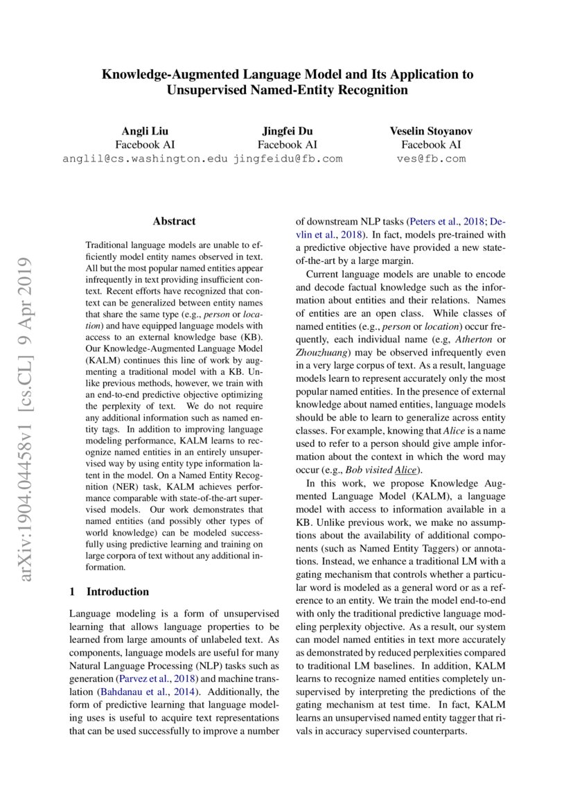 Knowledge Augmented Language Model And Its Application To Unsupervised Named Entity Recognition