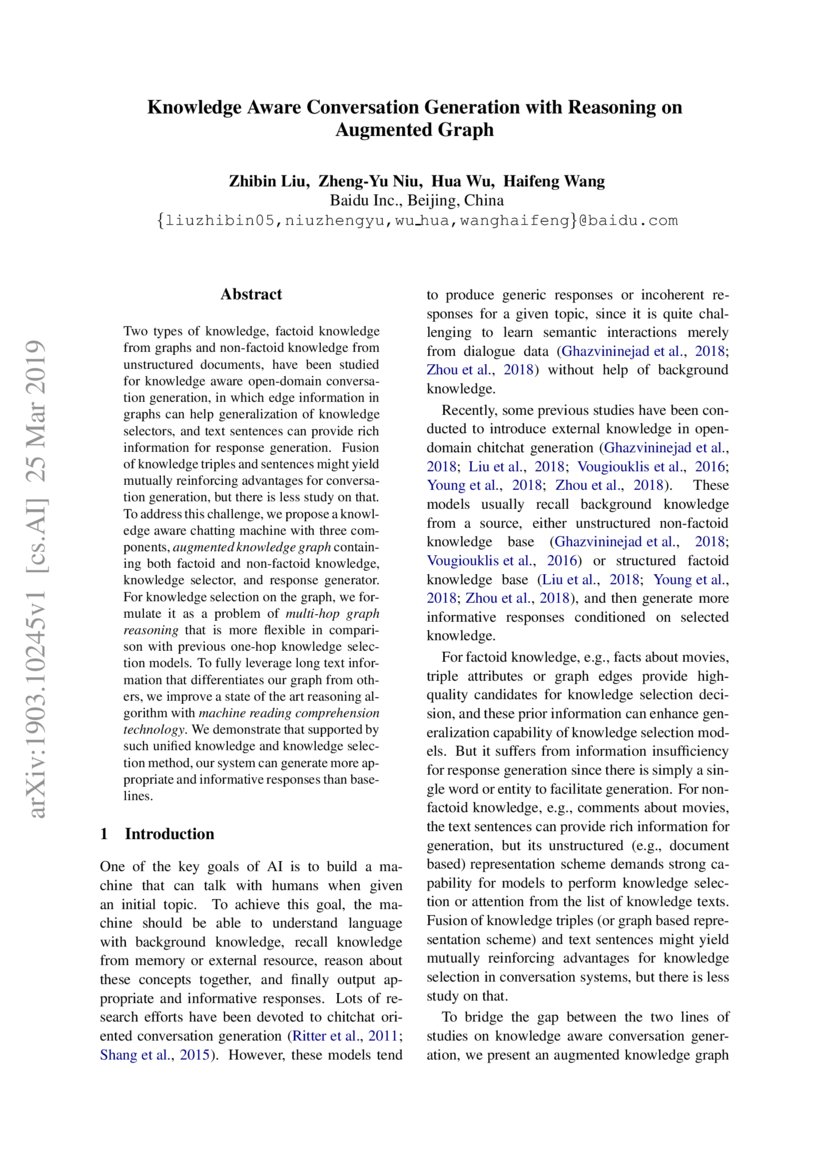 Knowledge Aware Conversation Generation with Reasoning on Augmented Graph | DeepAI