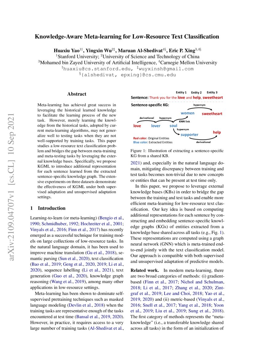 Knowledge-Aware Meta-learning for Low-Resource Text Classification | DeepAI