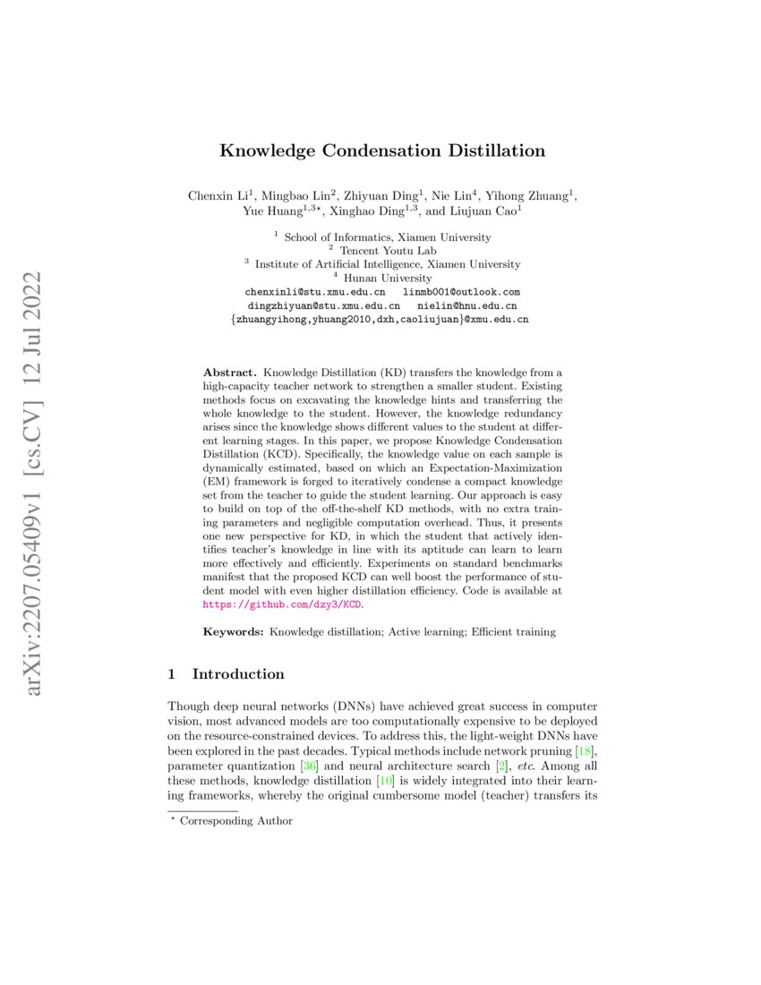 Knowledge Condensation Distillation | DeepAI