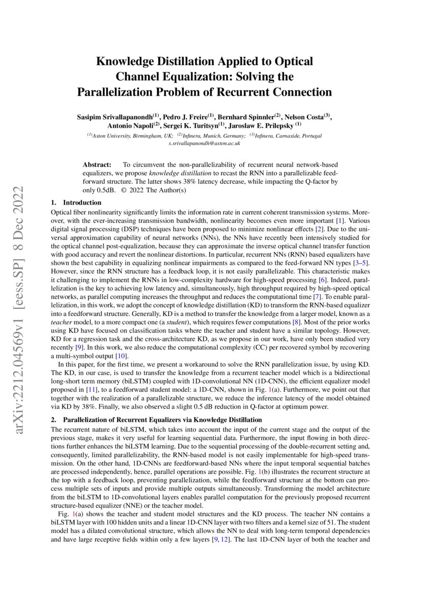 Knowledge Distillation Applied to Optical Channel Equalization: Solving the Parallelization ...