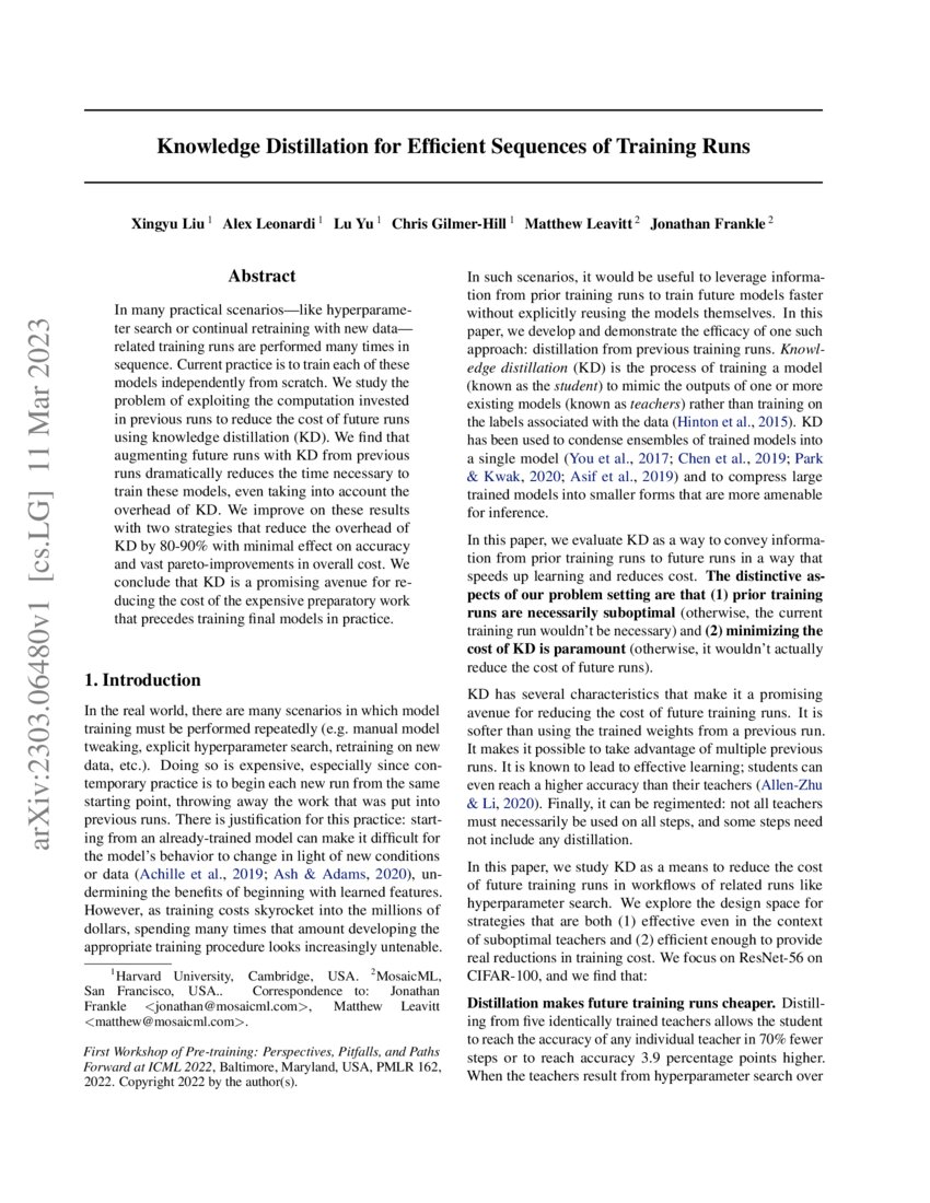 Knowledge Distillation for Efficient Sequences of Training Runs | DeepAI