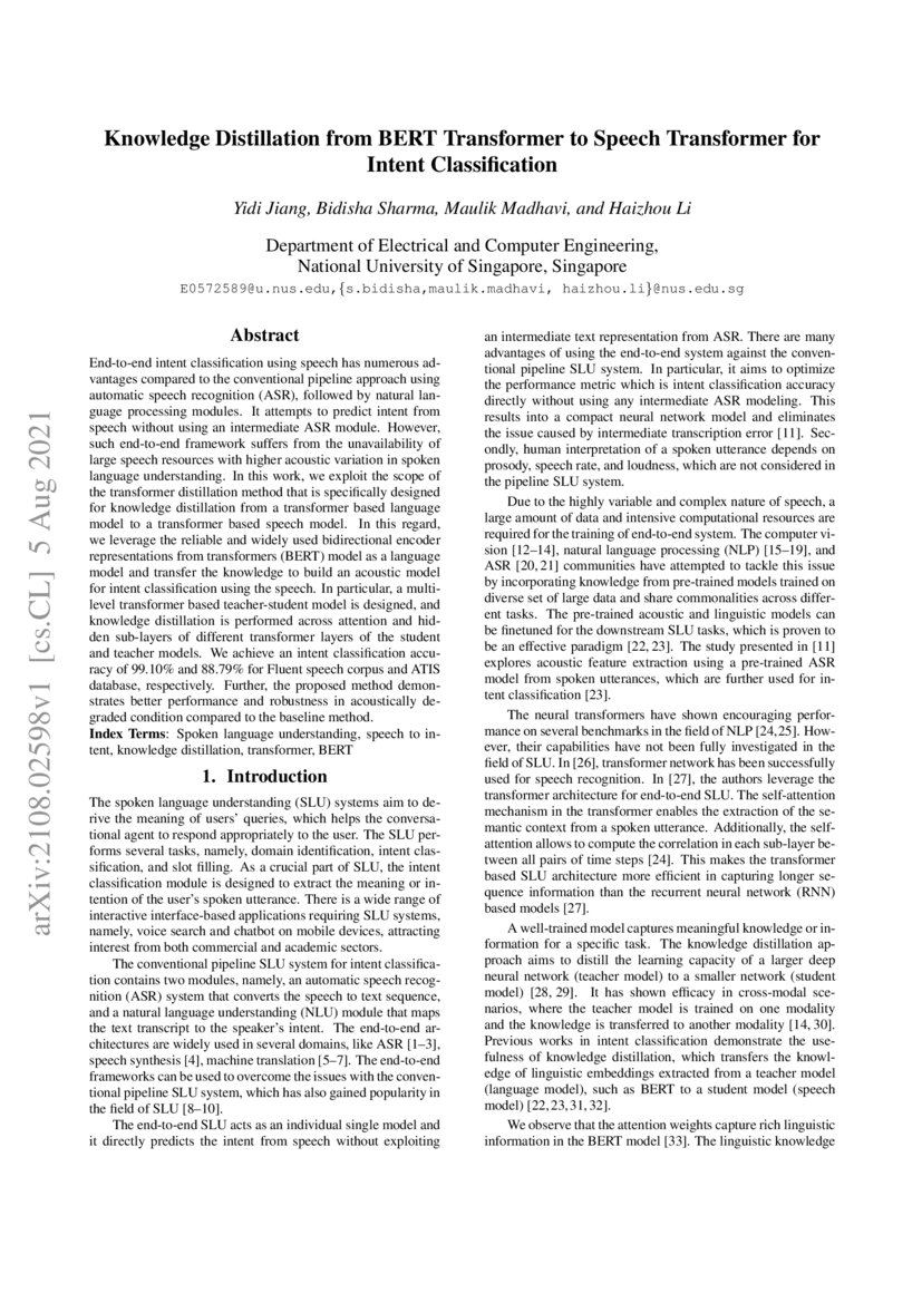 Knowledge Distillation from BERT Transformer to Speech Transformer for Intent Classification ...