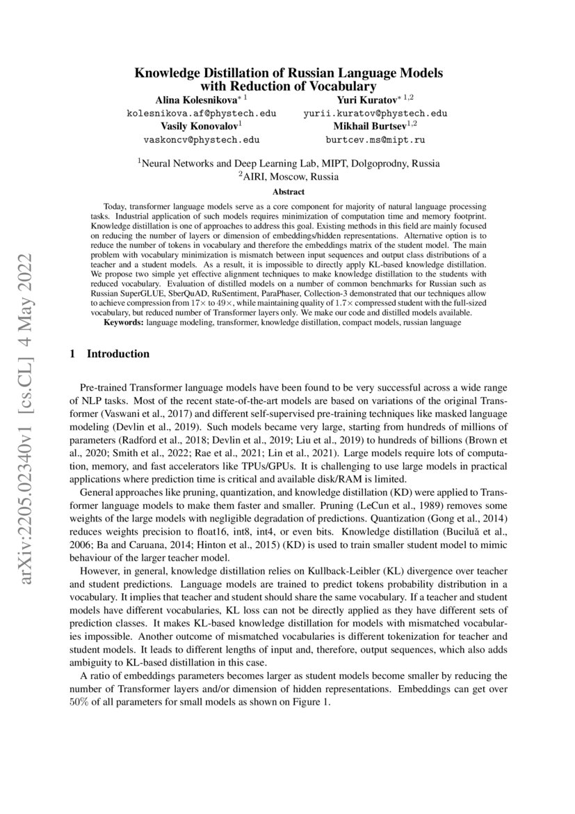 Knowledge Distillation of Russian Language Models with Reduction of ...