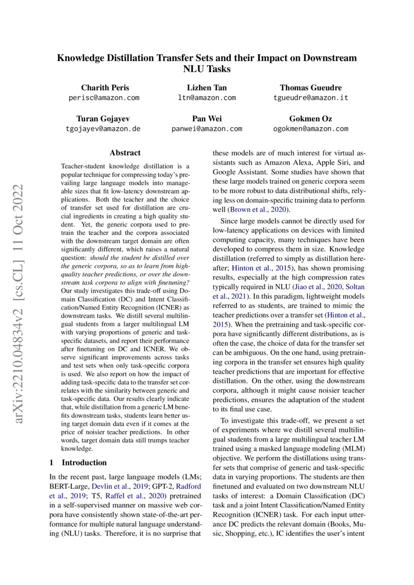 Knowledge Distillation Transfer Sets and their Impact on Downstream NLU Tasks | DeepAI