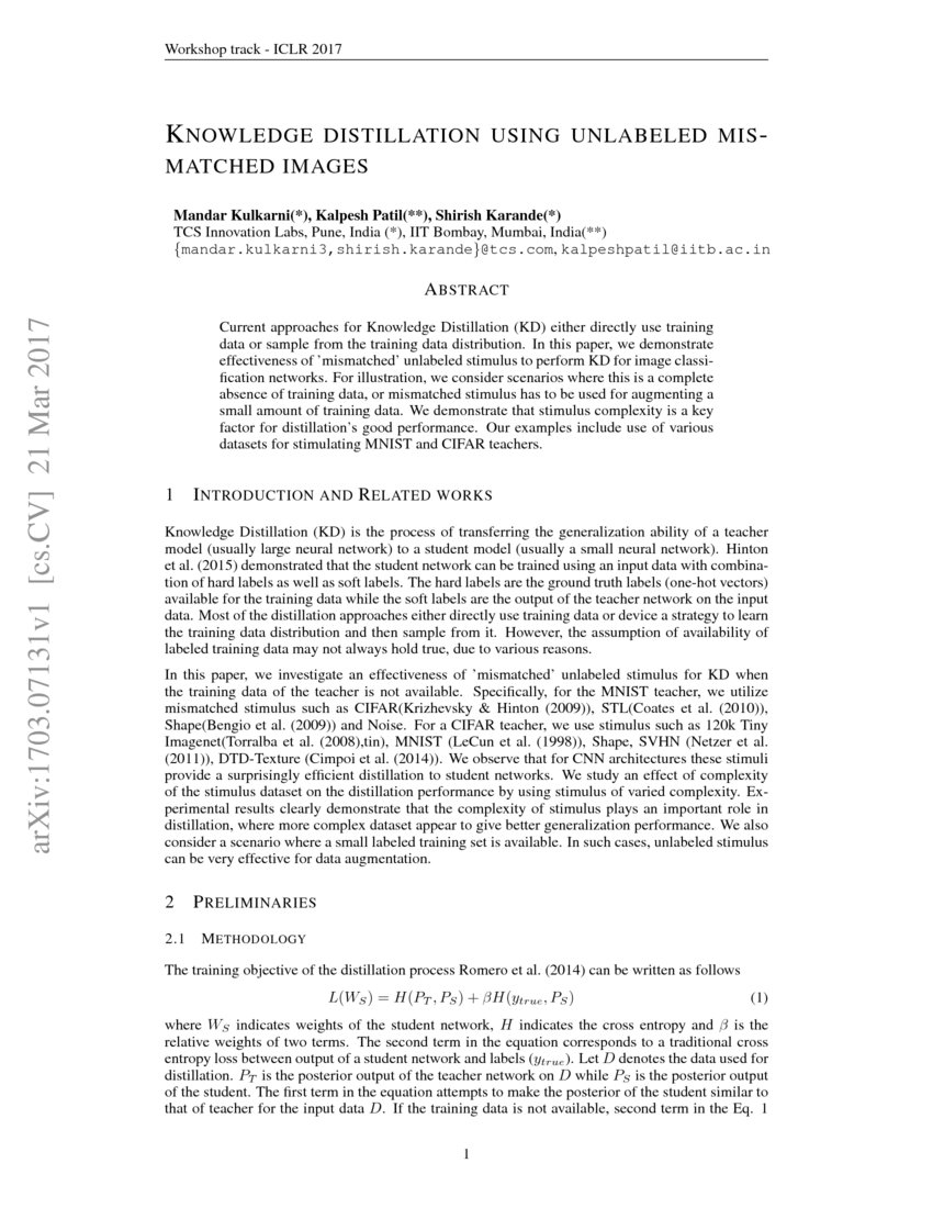 Knowledge distillation using unlabeled mismatched images | DeepAI