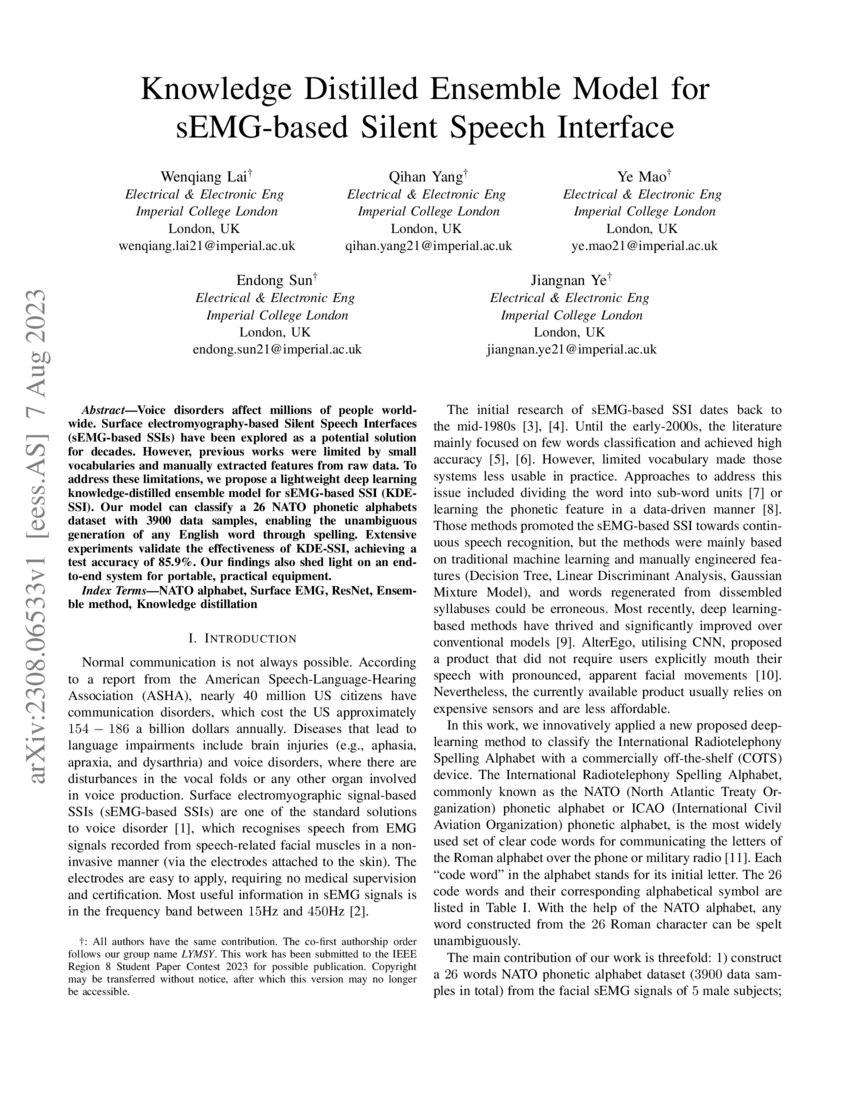 Knowledge Distilled Ensemble Model for sEMG-based Silent Speech Interface | DeepAI