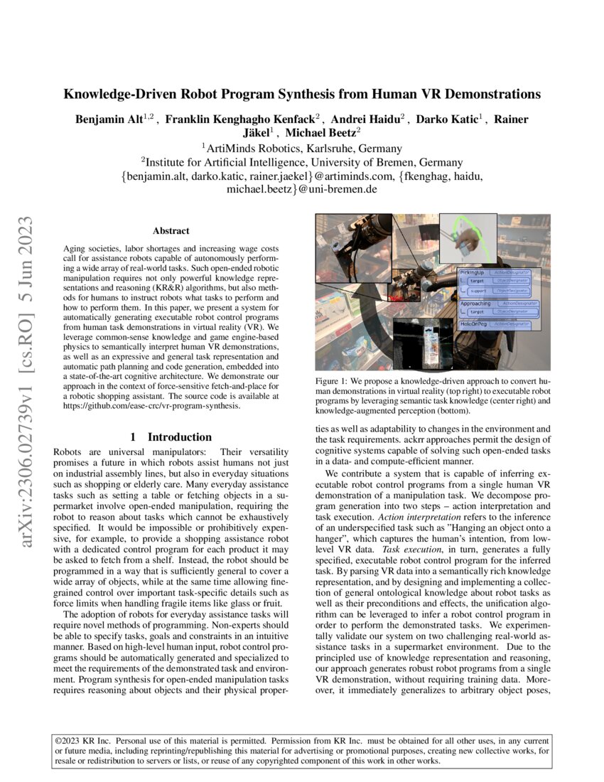 Knowledge-Driven Robot Program Synthesis from Human VR Demonstrations | DeepAI
