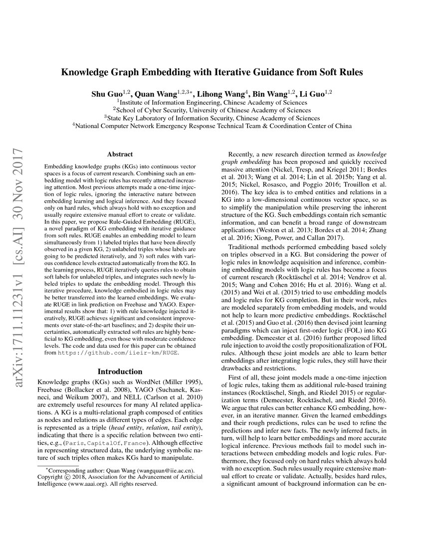 Knowledge Graph Embedding with Iterative Guidance from Soft Rules | DeepAI Knowledge Graph Embedding with Iterative Guidance from Soft Rules | DeepAI