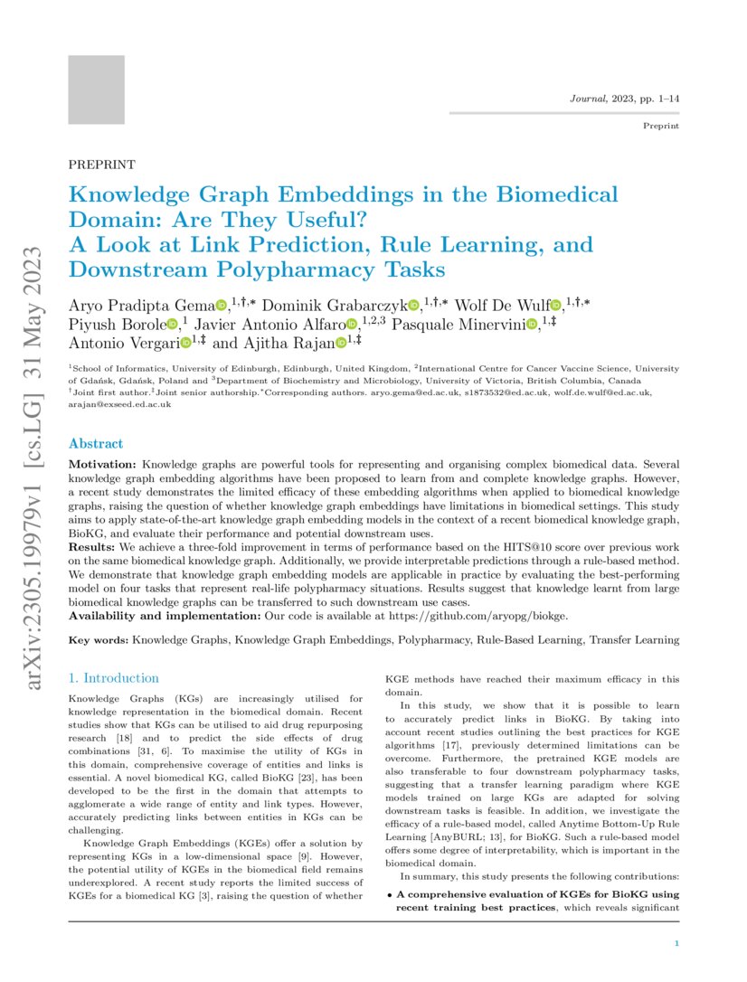 Knowledge Graph Embeddings In The Biomedical Domain Are They Useful A Look At Link Prediction